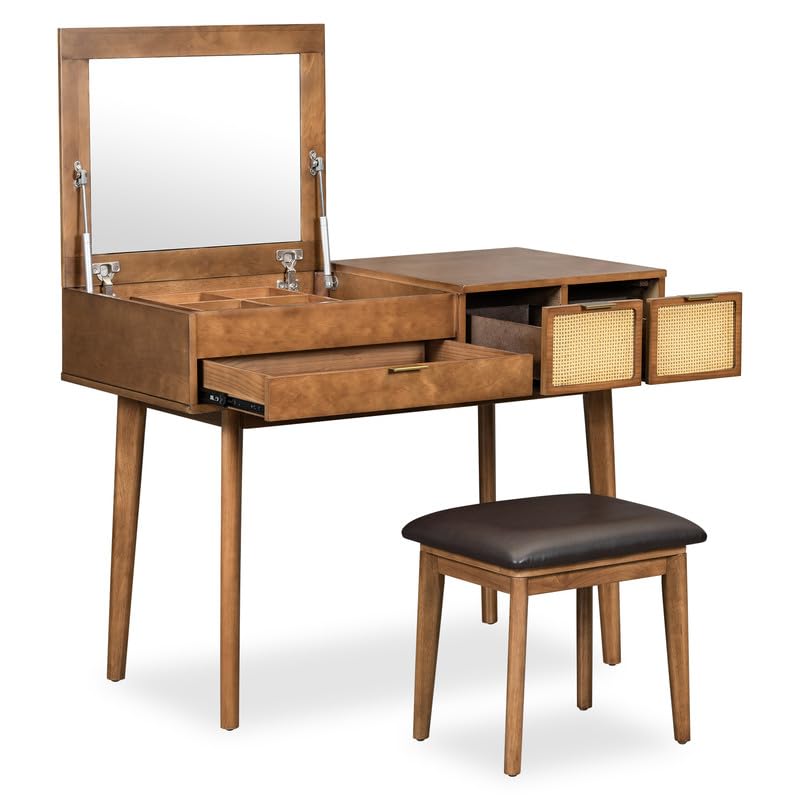 FDSPDO Classic Wood Makeup Vanity Set with Flip-top Mirror and Stool, Dressing Table with Three Drawers and Storage Space, Brown
