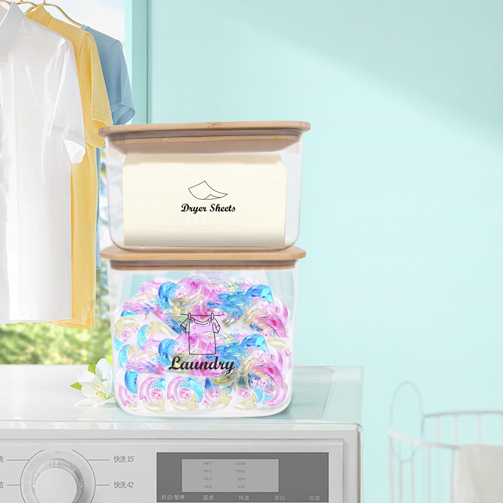 Xbopetda Laundry Pods Container and Dryer Sheet Holder for Laundry Room Organization and Storage, Acrylic Laundry Powder Detergent Dispenser, Clear Dryer Sheets Container, Bamboo Sealing Lid and Scoop