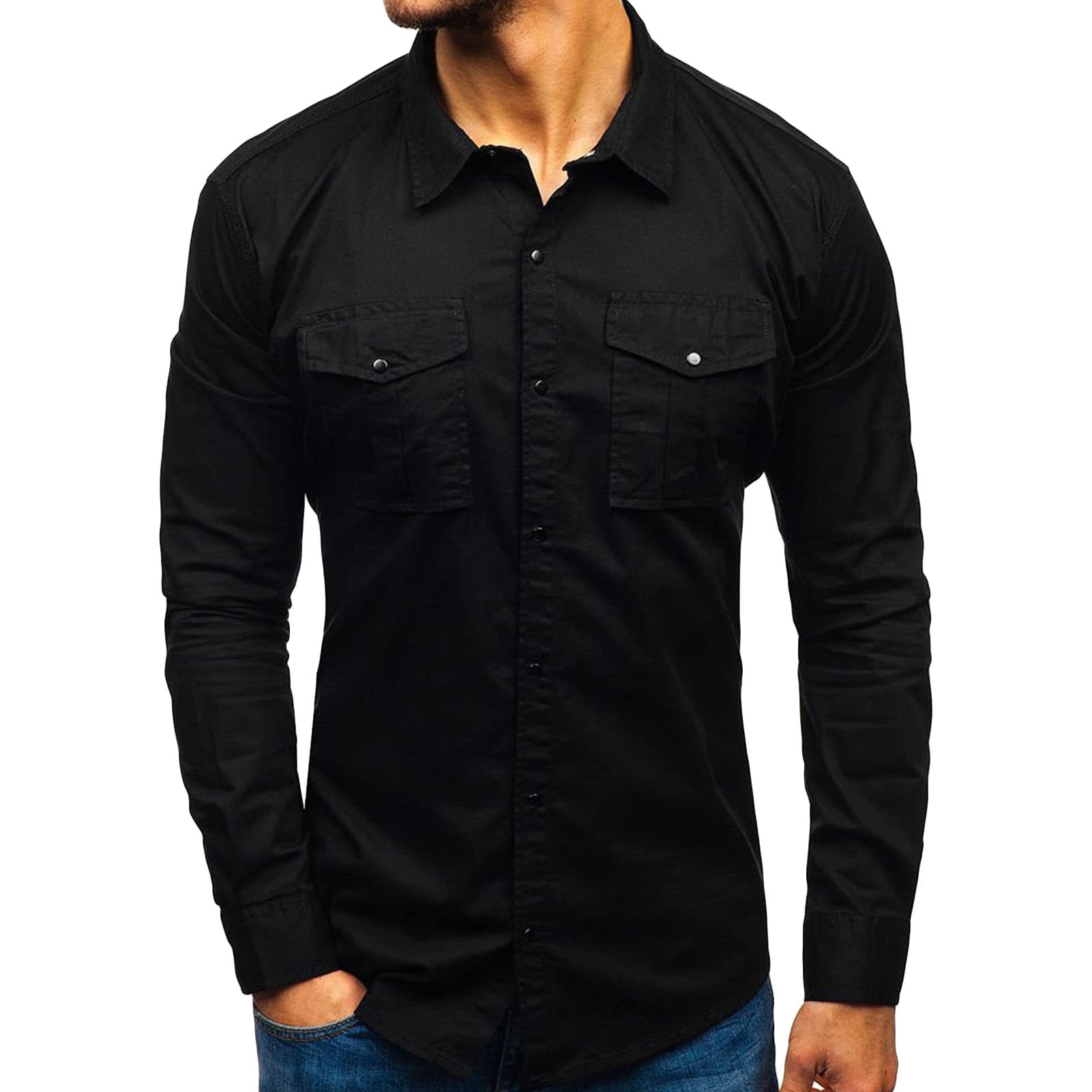 Men's Long Sleeve Hiking Shirts Lightweight Tactical Button Down Cargo Shirt Plain Slim Fit Shirt with Pockets (Black,Large)