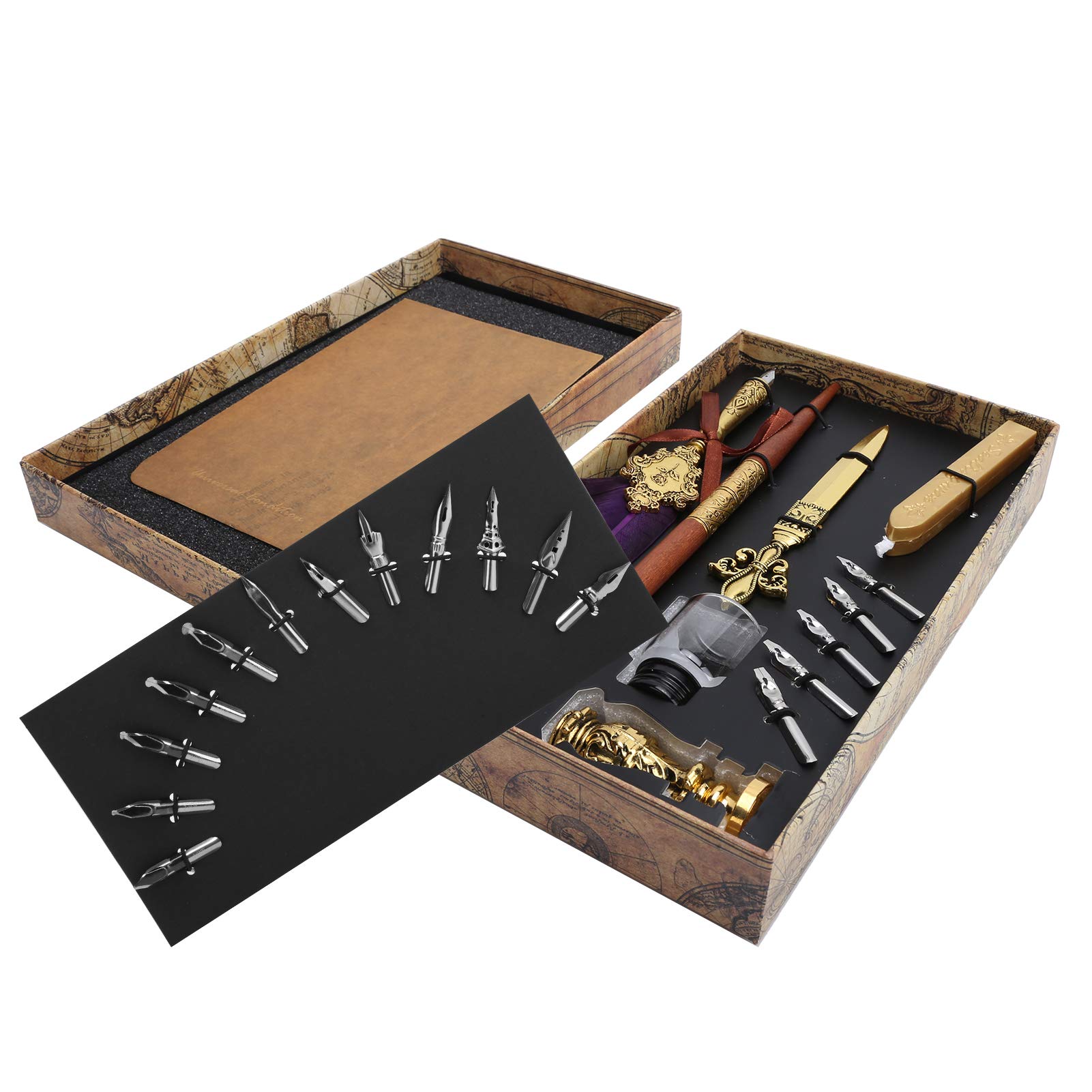 Feather Pen Set,Calligraphy Writing Drawing Quill Dip Kit Vintage Art Craft Collection Writing Paper Calligraphy Pen Ink Set(Purple)