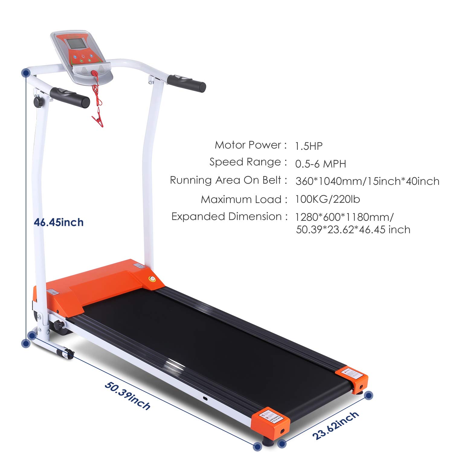 Flyerstoy Folding Electric Treadmill Exercise Equipment Walking Running Machine with 'Pacer Control' & Heart Rate System (1.5HP-Orange)