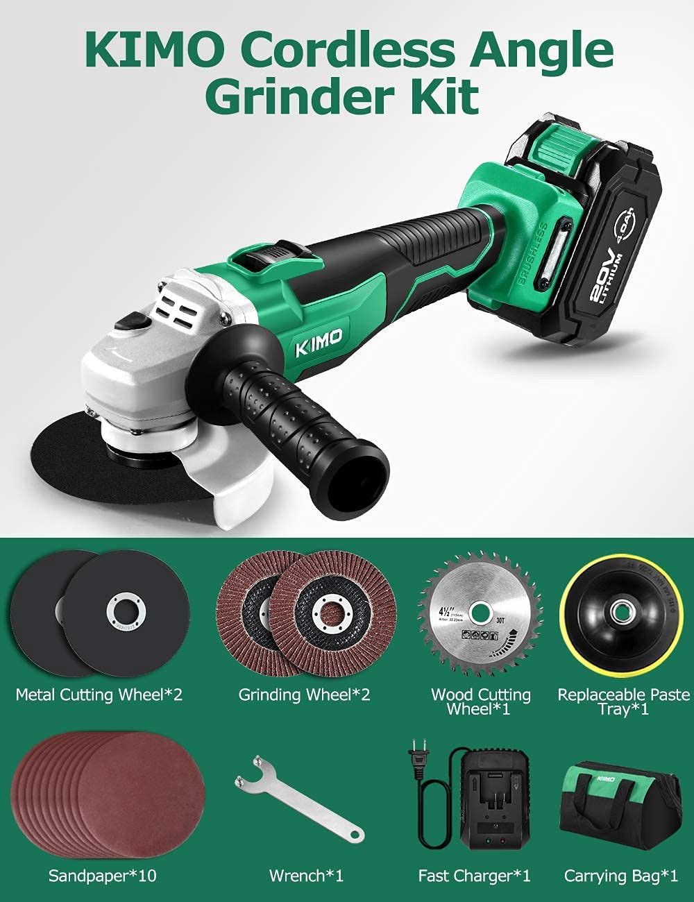 KIMO Cordless Grinder 20V Cordless Angle Grinder w/ 4.0Ah Li-Ion Battery & Charger, 9000RPM Brushless Motor, 4-1/2'' Blade, Electric Brake, 2-Position Handle, Battery Grinder Tool for Metal Wood
