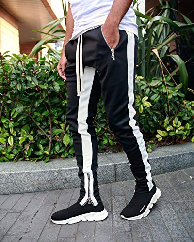 FLYFIREFLY Men's Gym Sport Pants Hip Hop Slim Fit Track Pants Workout Running Athletic Jogger Bottom Black White