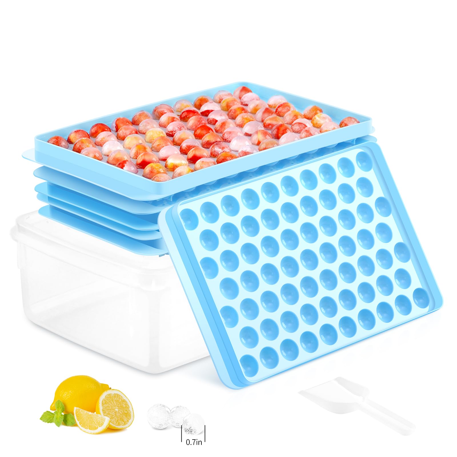 MiNi ice cube tray for freezer with Lid and Bin, 0.7inch Round ice trays 4 Packs 268PCS Tiny Ice Cube Tray Crushed ice tray for Chilling Drinks Coffee Juice (Blue)