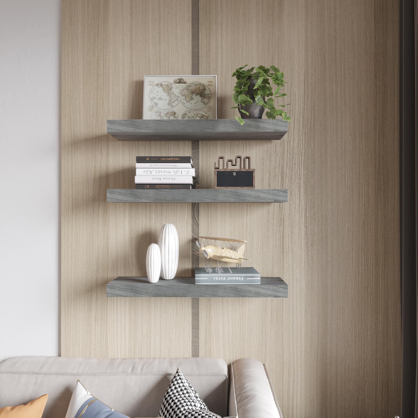 Floating Shelves Wall Shelf Solid Wood Mounted Storage for Bedroom Living Room Set of 3, Rustic Grey Wall Shelves