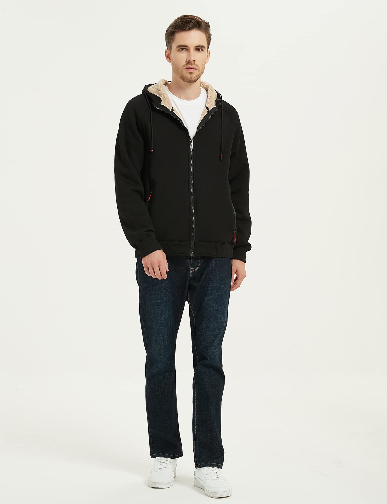Flygo Hoodies for Men Zip Up Winter Fleece Sherpa Lined Sweatshirt Warm Jacket(Black-XL)