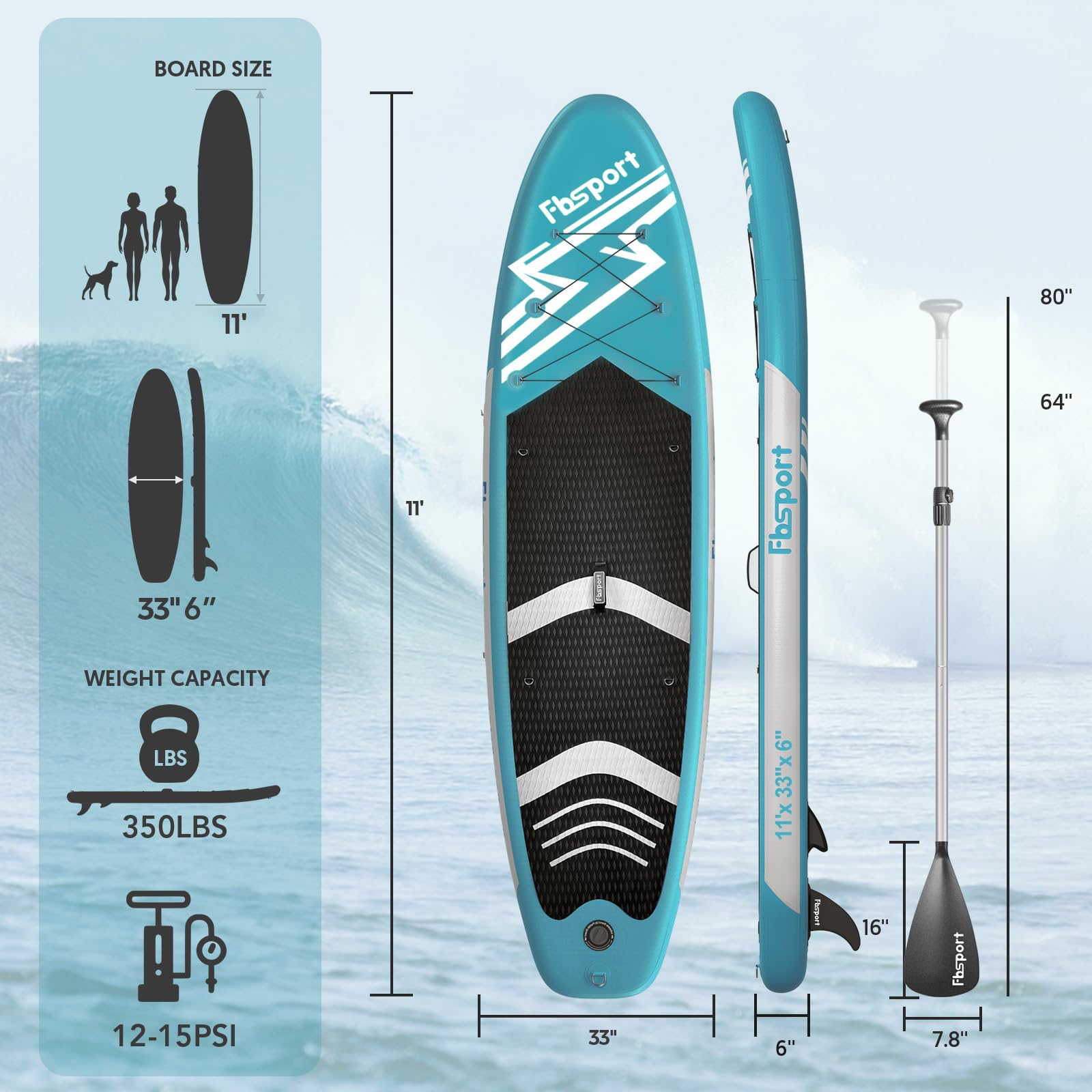 FBSPORT 11' Premium Inflatable Stand Up Paddle Board, Yoga Board with Durable SUP Accessories & Carry Bag | Wide Stance, Surf Control, Non-Slip Deck, Leash, Paddle and Pump for Youth & Adult