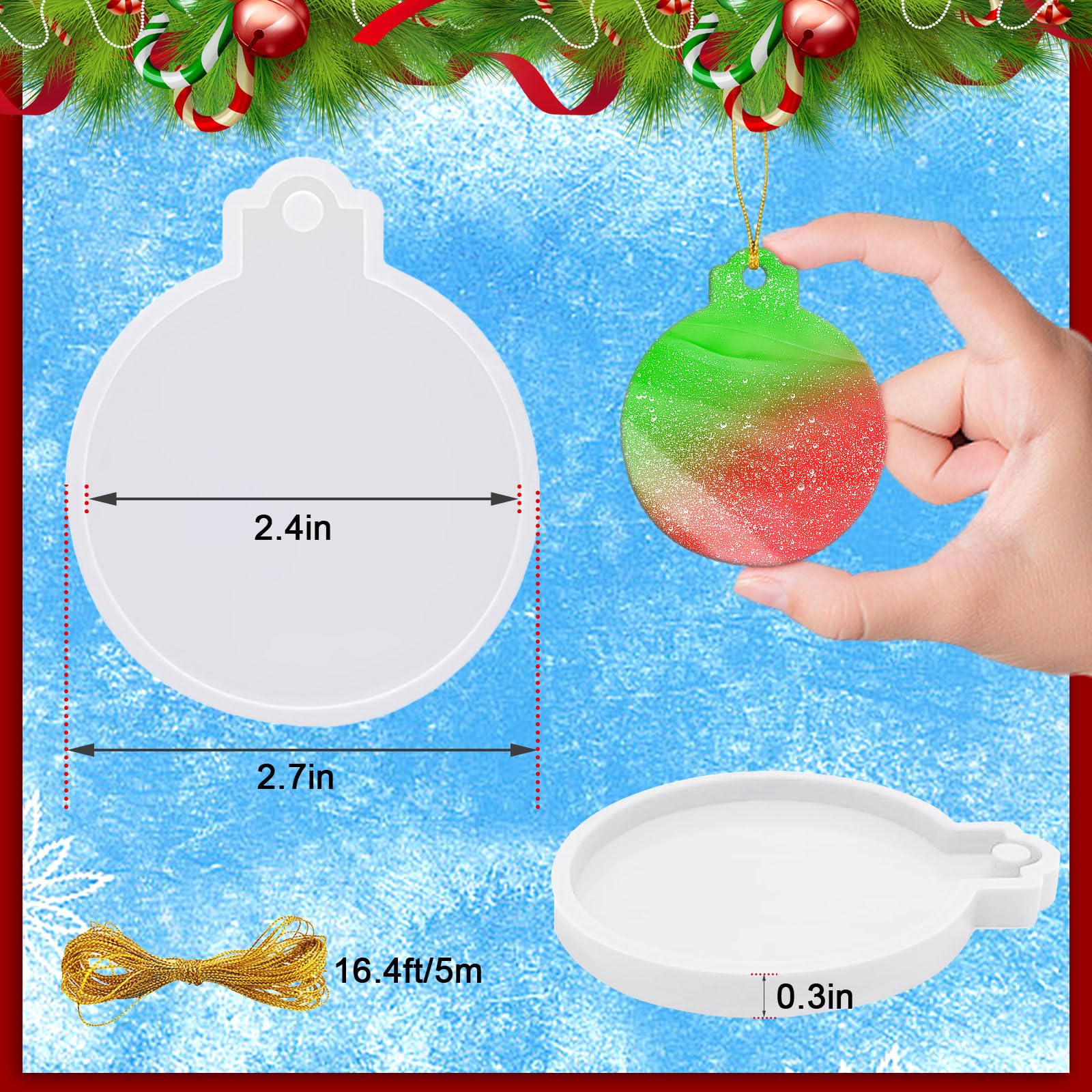 FEBSNOW 4PCS Christmas Ornaments Resin Molds Round Silicone Resin Ornaments Molds with Strings Epoxy Pendant Casting Molds for Resin Resin Molds Silicone for DIY Crafts Making Holiday Xmas Home Decor