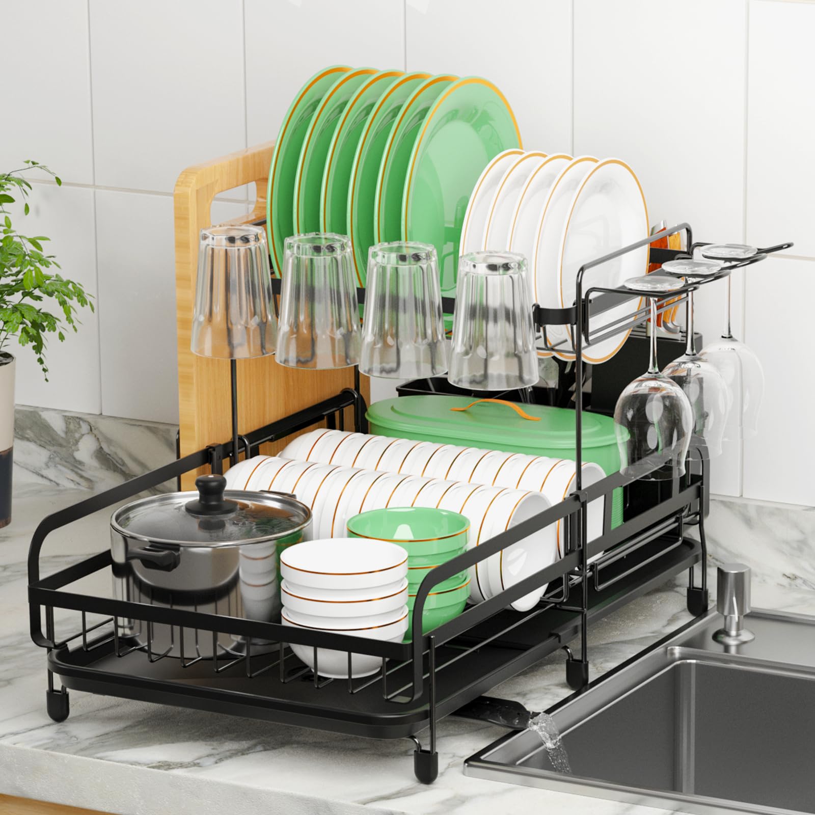 Expandable Dish Drying Rack, 2 Tier Dish Racks for Kitchen Counter Extra Large Capacity Kitchen Dish Drying Rack with Drainboard, Utensil Holder and Swivel Spout Rustproof Dish Dryer Rack, Black