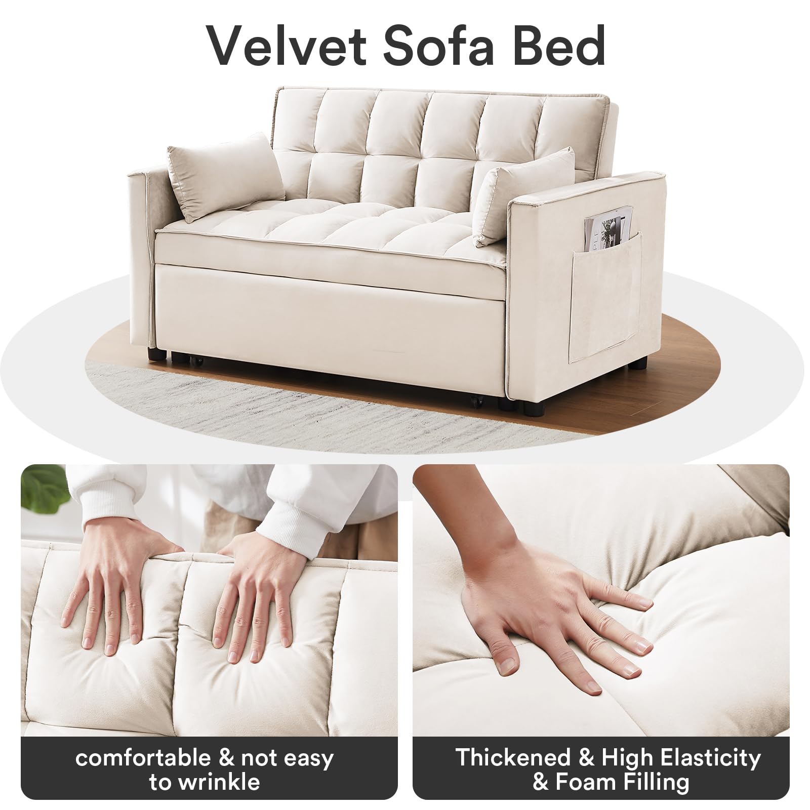 Rovibek 3 in 1 Convertible Sleeper Sofa Bed Pull Out Couch Futon Loveseat Velvet Chaise Lounge with 2 Pockets and 2 Pillows for Living Room, White