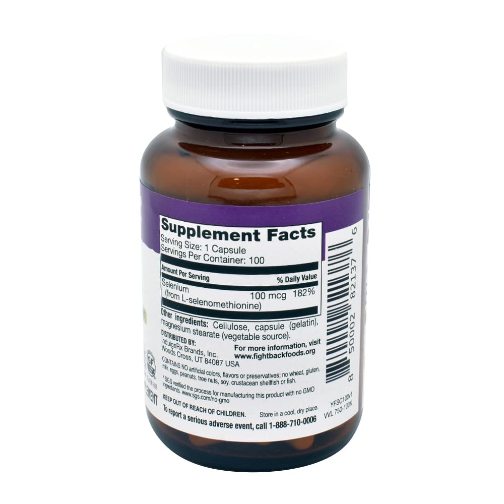 FightBack Foods Yeast Free Selenium 100 mcg Supplement (100 Capsules) - Non GMO and Gluten Free, Provides Antioxidant Support