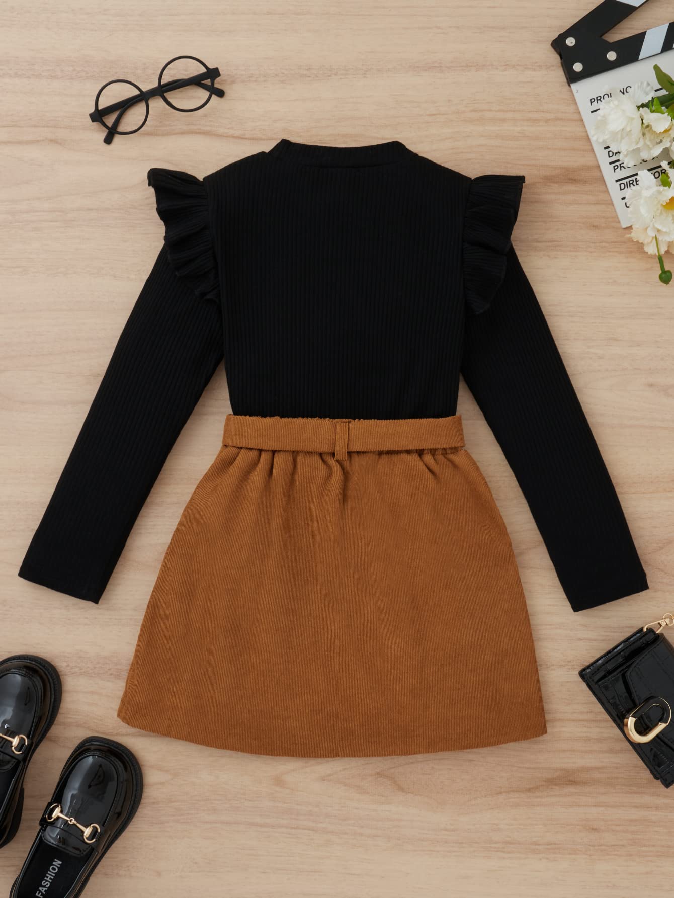 Floerns Girls 2 Piece Outfit Ruffle Trim Long Sleeve T Shirt and Short Skirt Set Brown Black 7 Years