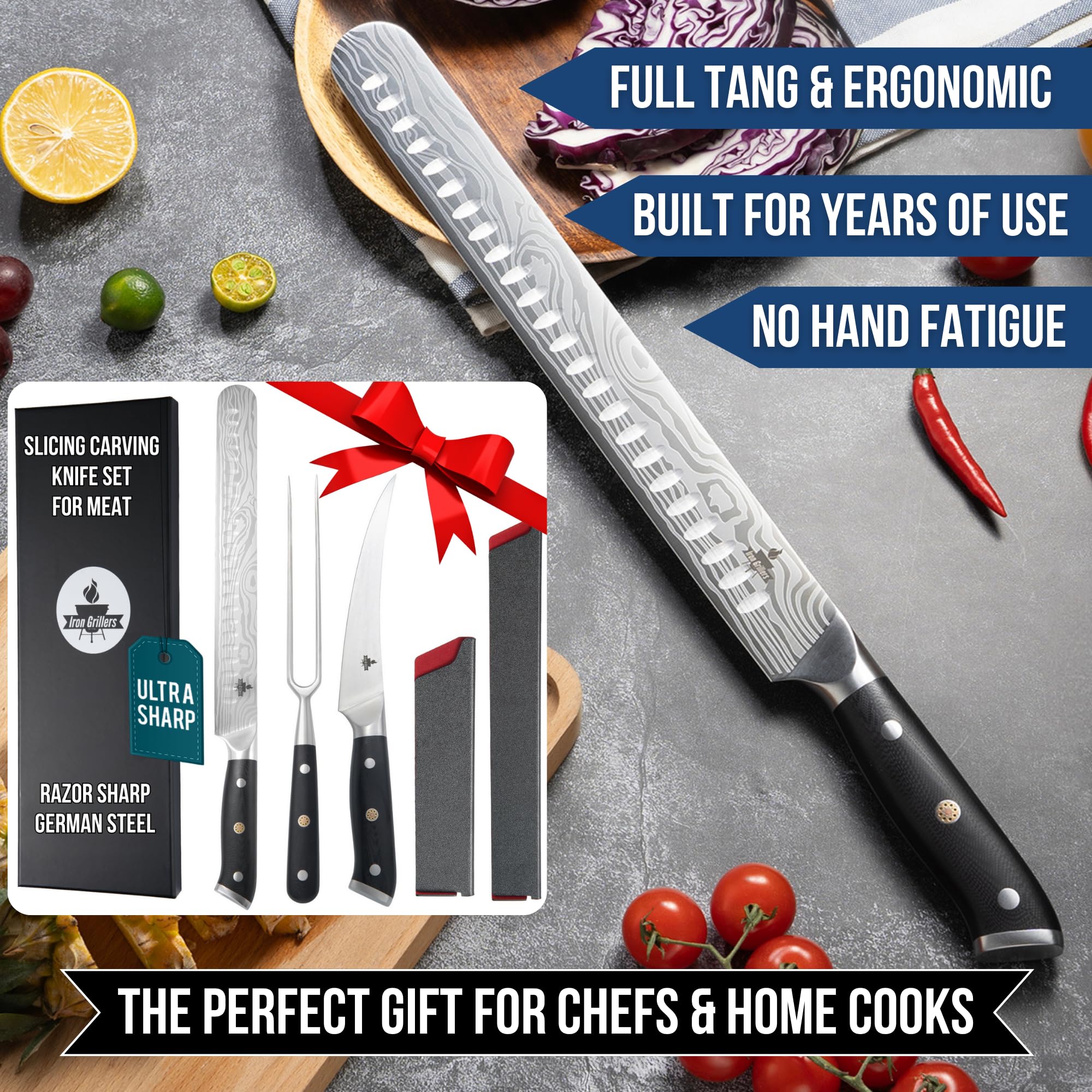 Slicing Carving Knife Set for BBQ - 12" Brisket Knife + 6" Boning Knife + 6" Carving Fork & 2 Sheath Covers for Meat Cutting - Grilling Gifts for Men - Razor Sharp German Steel & Professional Grade