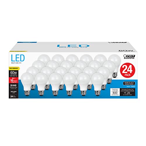 Feit Electric A19 LED Light Bulbs, 60W Equivalent, Non Dimmable, 800 Lumens, E26 Standard Base, 5000k Daylight, 80 CRI, 10 Year Lifetime, Energy Efficient, 24 Pack, A800850/10KLED/MP/24
