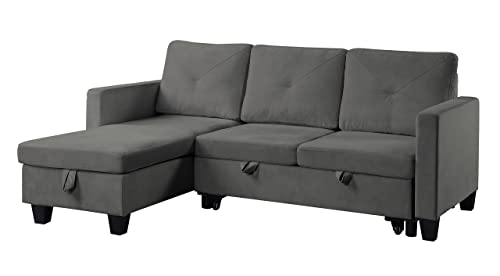 RITSU Reversible Velvet Sleeper Sectional Sofa with Storage Chaise and Side Pocket, L-Shape Corner Couch with Arms for Living Room, Home Furniture, Apartment, Dorm, Dark Gray 3