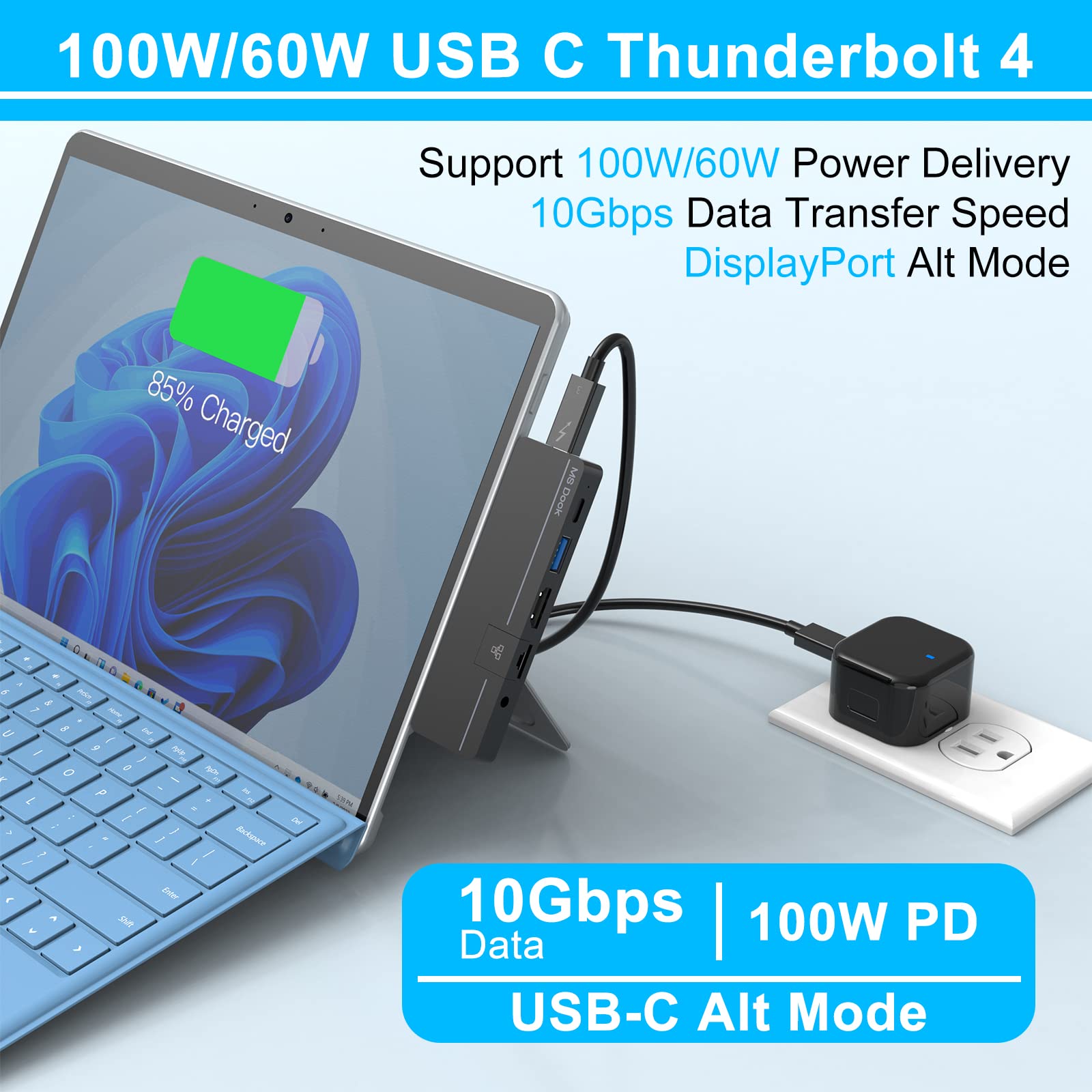 MS Surface Pro 8 USB C Hub, 10-in-1 Surface Pro 8 Hub Docking Station with 4K HDMI, USB-C Thunderbolt 4 (DP+PD Charging+Data),USB C(Data),100M LAN, Audio,USB 3.0, TF/SD Card for Surface Pro 9/Pro 8/X
