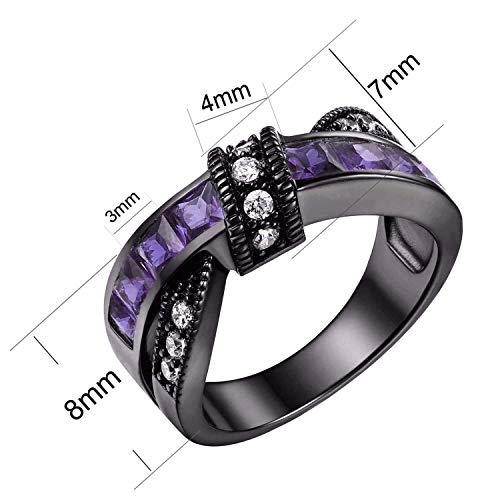 FlameReflection Black Stainless Steel Princess Cut Purple CZ Criss Cross Rings Engagement Ring for Women Crossover w Engraving Size 10