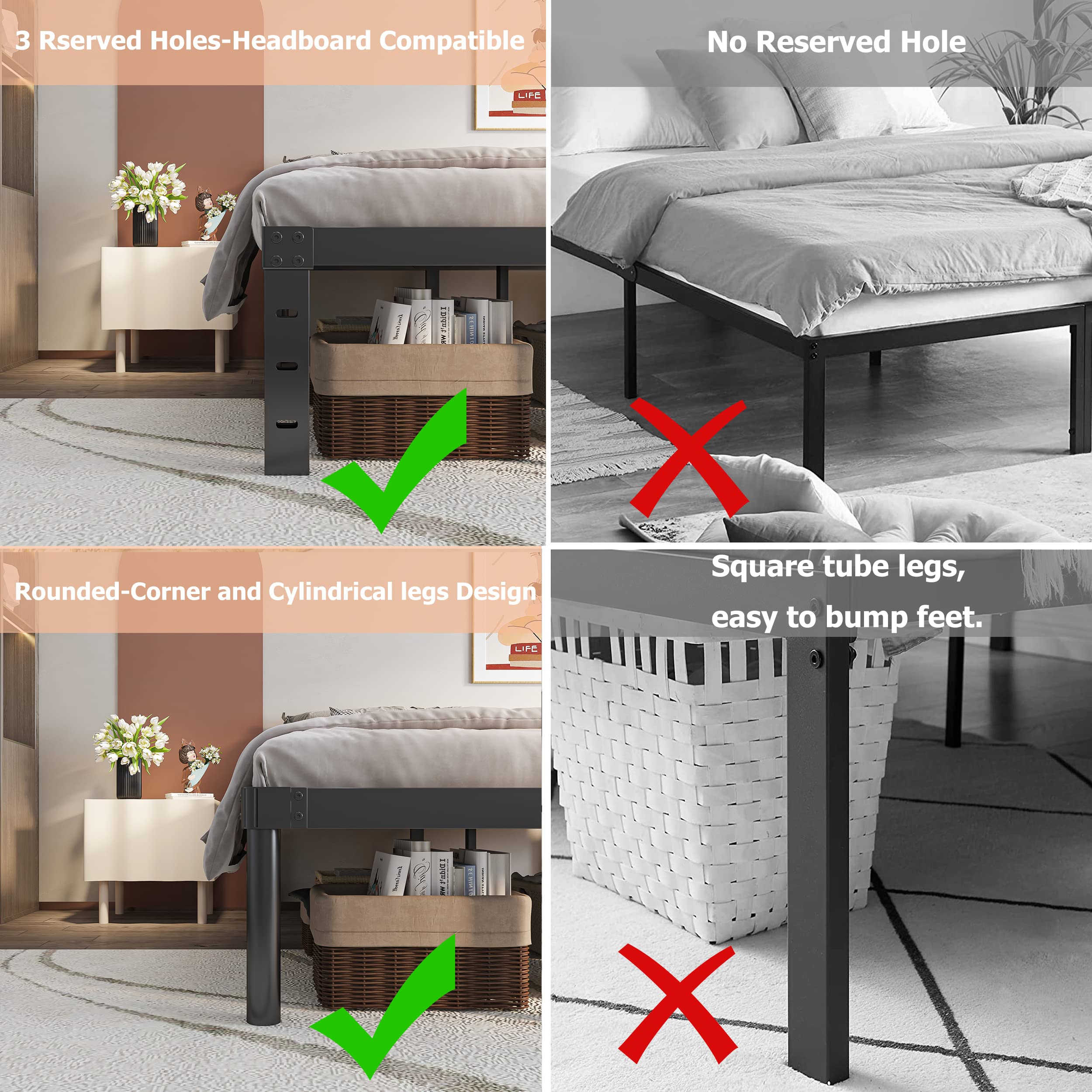 FDLOGW Queen Bed Frame, 12 Inch Queen-Size Bed Frames with Round-Corner Leg, Heavy Duty Steel Slat Mattress Foundation, Easy Assembly, Noise-Free, No Box Spring Needed