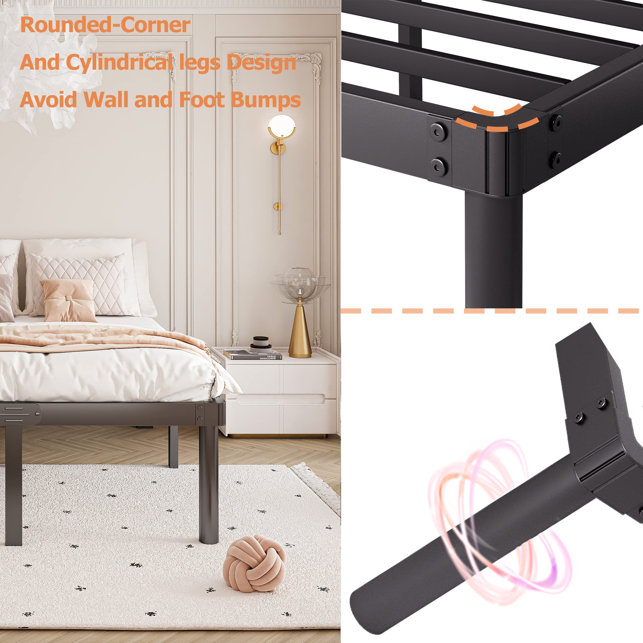 FDLOGW King Bed Frame, 16 Inch Metal Platform King Size Bed Frames with Round-Corner Leg, Heavy Duty Steel Slat Mattress Foundation, Easy Assembly, Noise-Free, No Box Spring Needed