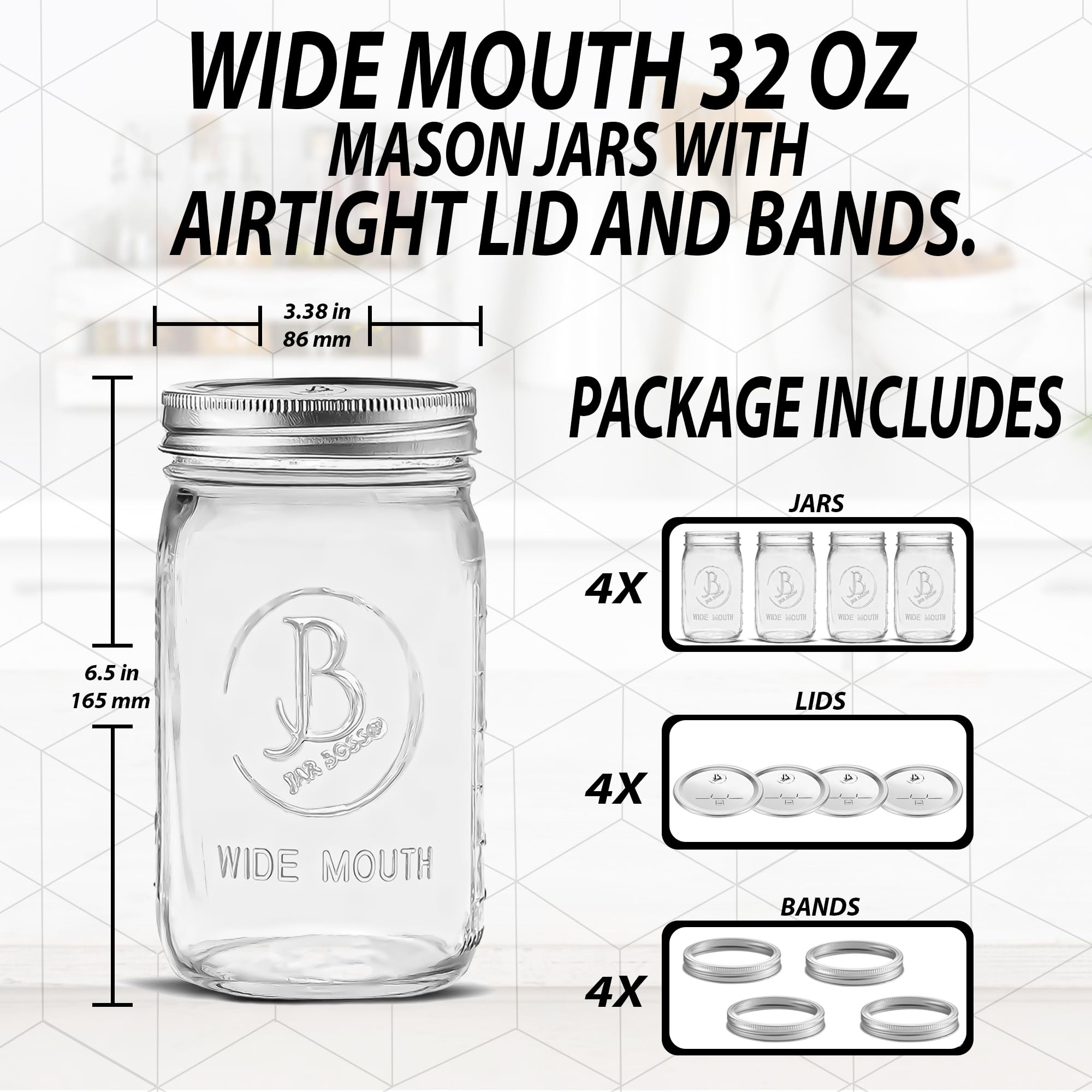 Wide Mouth Mason Jars 32 oz - (4 Pack) - Clear Glass Quart Mason Jars With Airtight Lids and Bands. For Storage, Canning, Fermenting, Meal Prep, Cold Brew Coffee, Freezing, Microwave & Dishwasher Safe