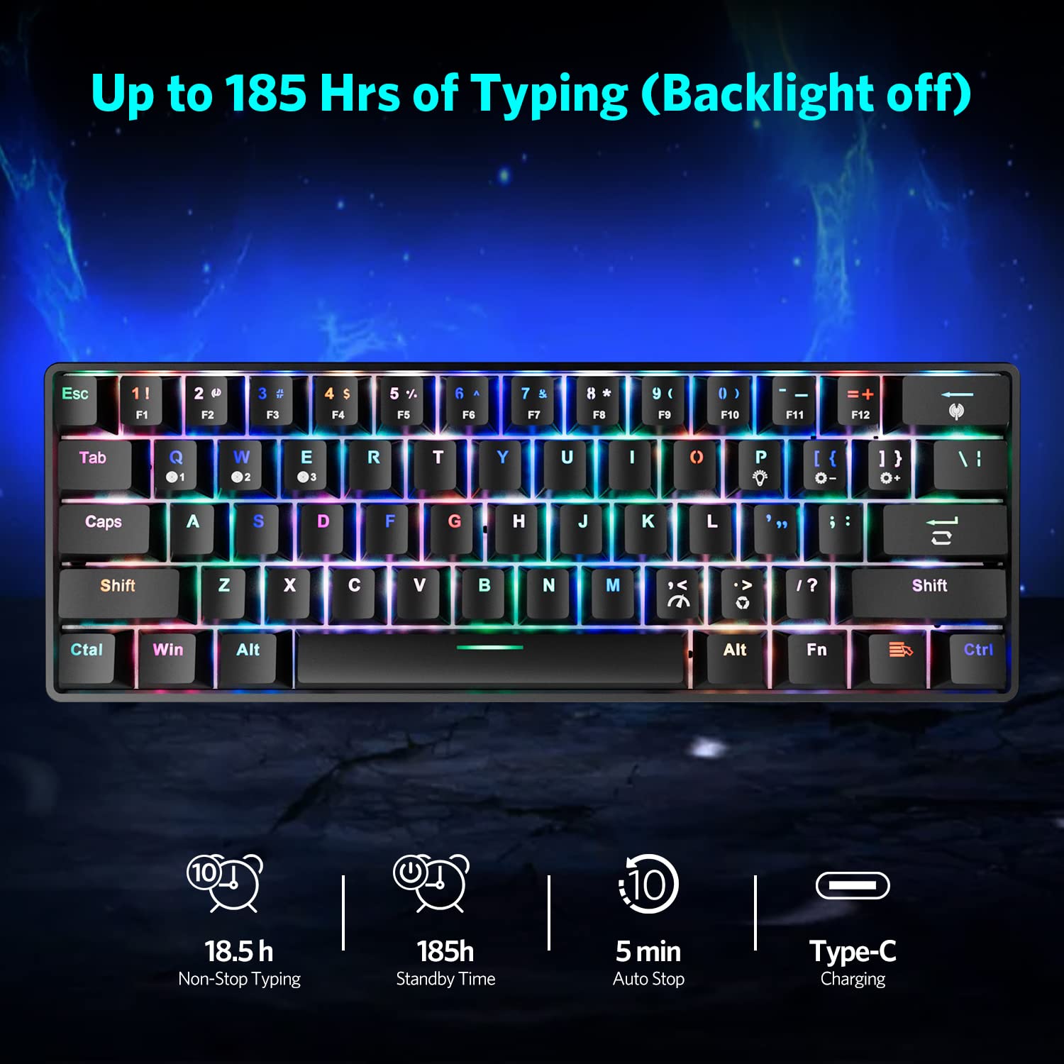 Fiodio 61 Keys RGB Wireless and Wired Mechanical Gaming Keyboard with Blue Switches, Audible Click Sound Rainbow Portable Compact Mini Office Keyboard for Windows PC Gaming, (F-SG61)