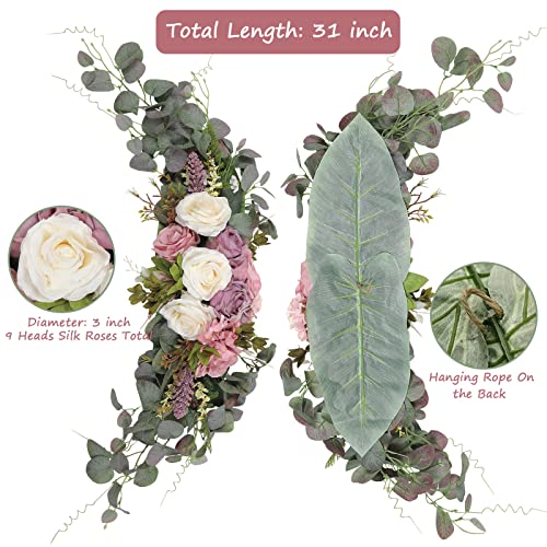 HiiARug Artificial Rose Flower Swag, 31 Inch Decorative Swag with Dusty Rose Hydrangeas Eucalyptus Leaves for Home Room Garden Lintel Wedding Arch Party Decor (Ivory Dusty Rose,31")