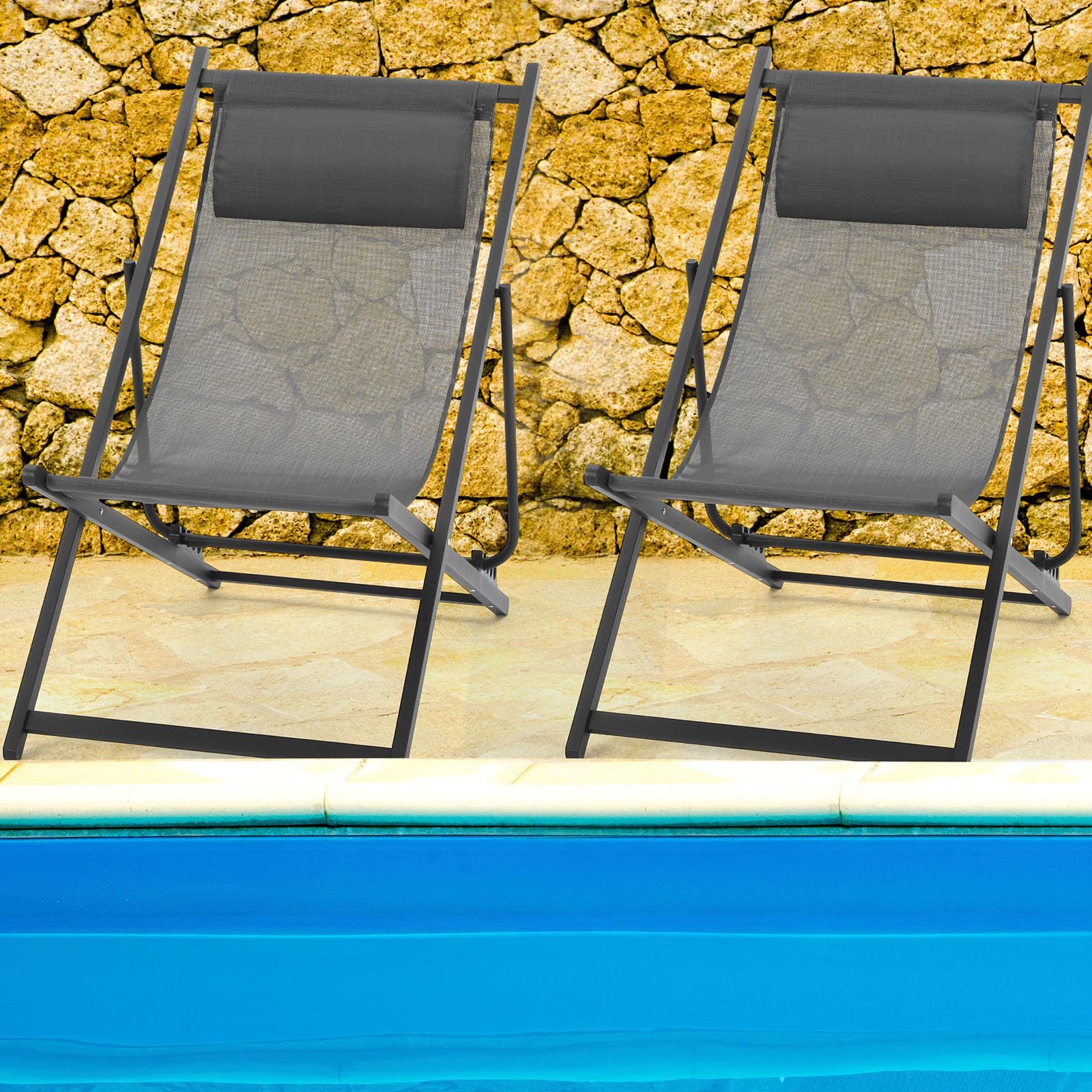 Menkxi 2 Pcs Patio Sling Chairs Outdoor Folding Poolside Chair with Pillow Adjustable 5 Levels Reclining Chairs Portable Beach Chairs Waterproof Breathable Mesh Aluminum Frame for Deck (Navy Blue)