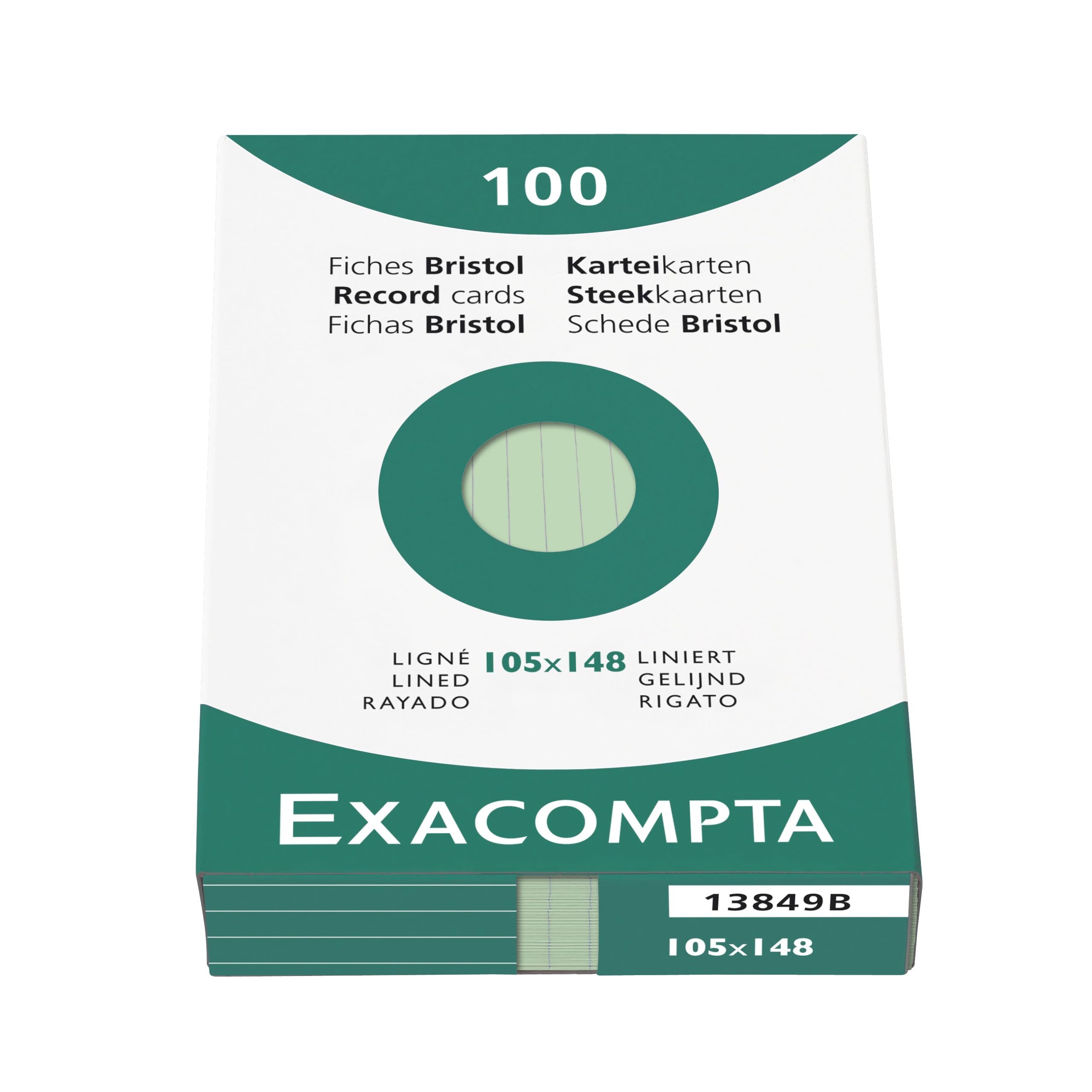 Exacompta - Ref 13849B - Bristol Lined Record Cards (Pack of 100) - A6 in Size, 205gsm Card, Compatible with Printers - Suitable for Exam Revision & Notes - Green