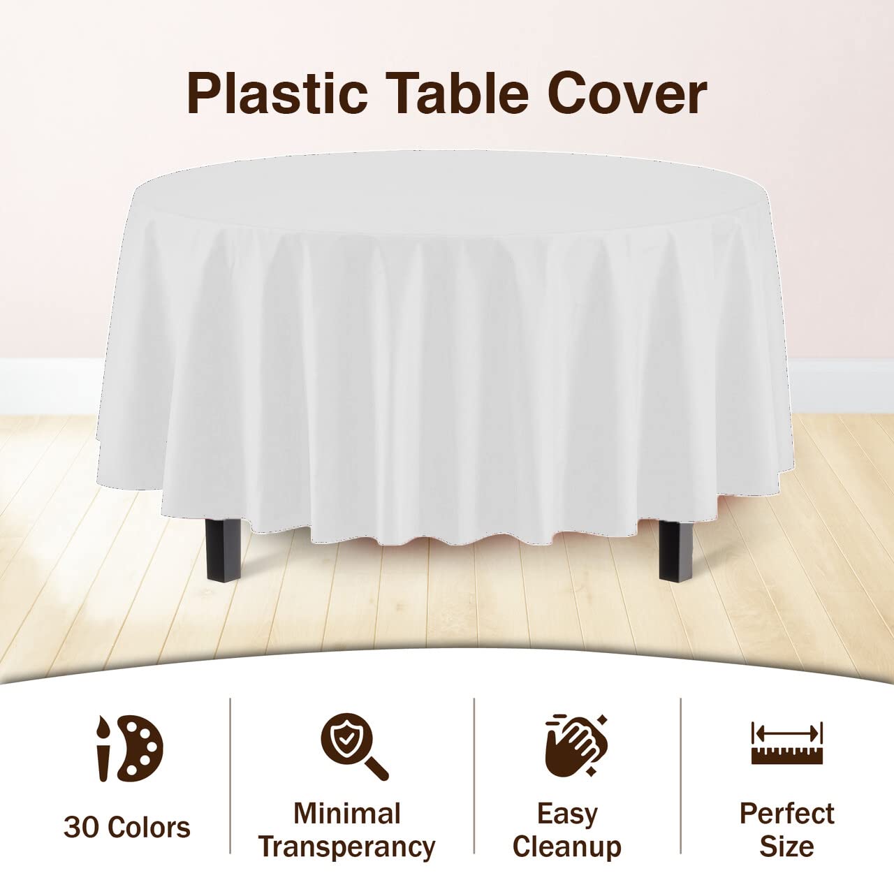 Exquisite 6-Pack Premium Plastic Tablecloth 84in. Round Plastic Table cover - White