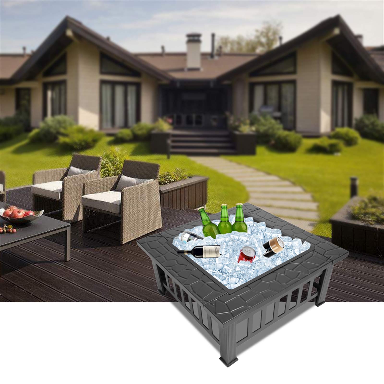 Fire Pit 32'' Wood Burning Firepit Metal Square Outdoor Fire Tables SteelFire Pit Bowl with Spark Screen Cover, Poker Log Grate for Patio Bonfire Camping Backyard Garden Picnic