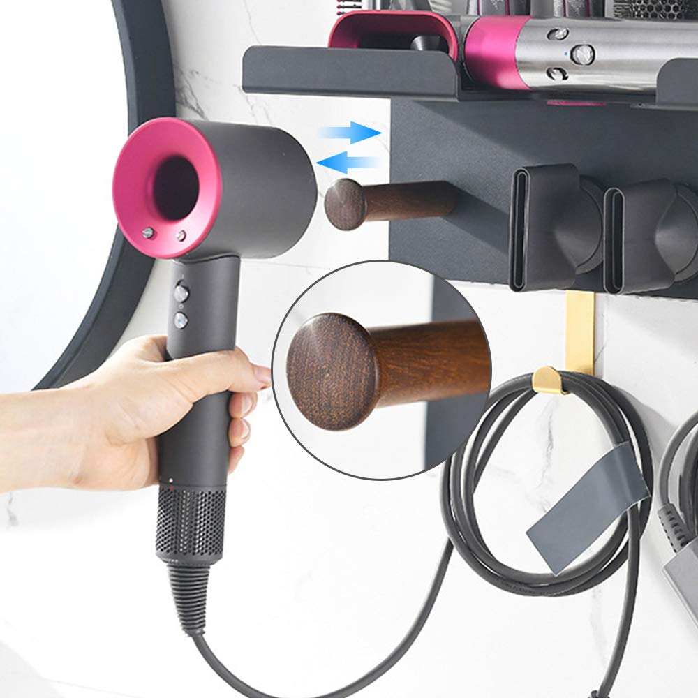 Floatant Wall Mount Holder Adhesive for Dyson Airwrap Styler Supersonic Hair Dryer, Nail-Free or Perforat to Install, Organizer Storage Rack with Hooks Steel Rings for Curling Barrels Brushes