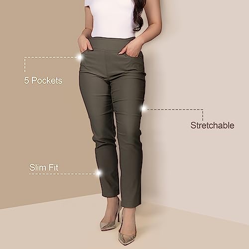 FITSIGHT Women's Work Causal Millennium Super Stretch Slim Fit Yoga Career Dress Pull on Pant with 5 Pocket (as1, Numeric, Numeric_12, Regular, Regular, Olive, Regular)