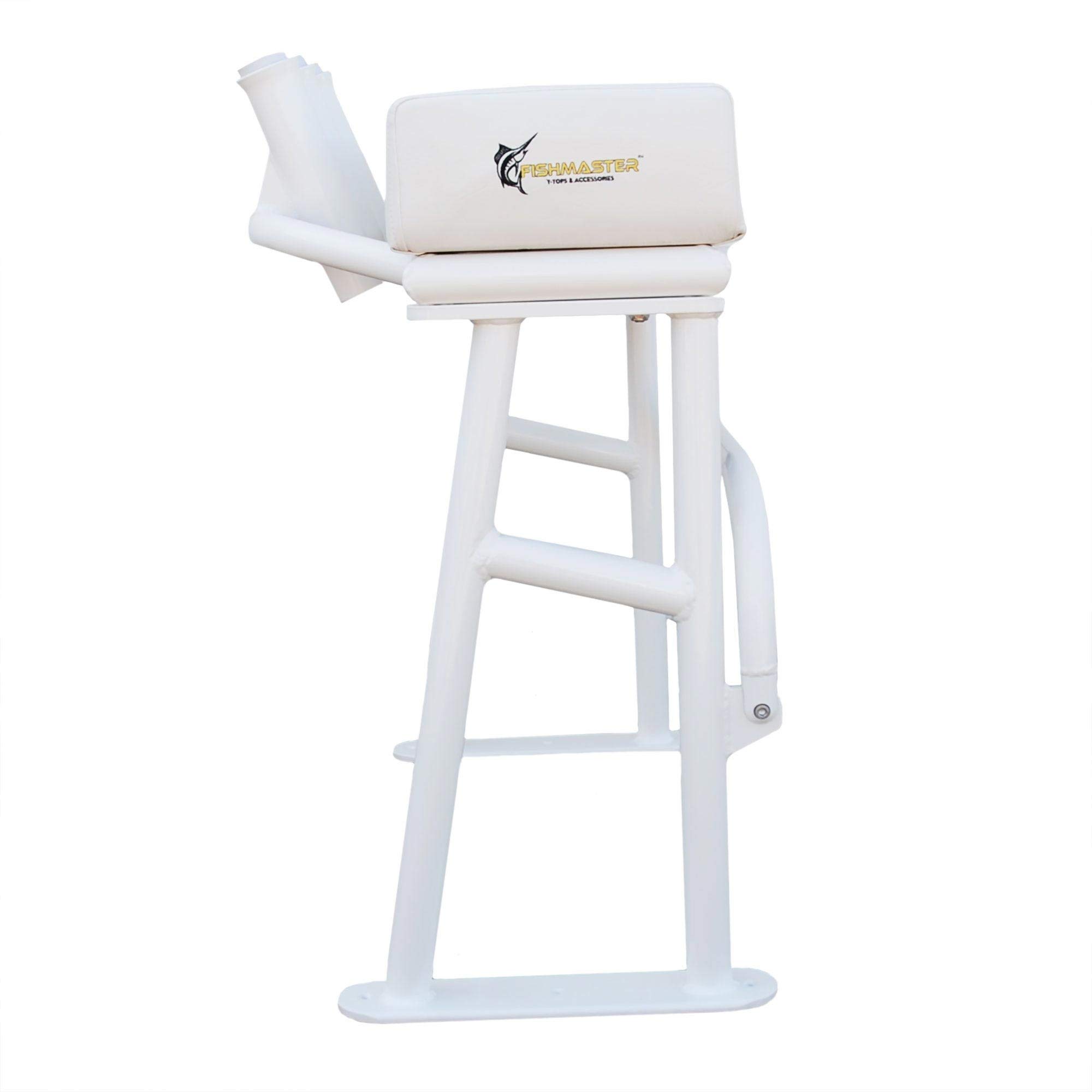 Fishmaster Original Leaning Post for Center Console Fishing Boats β Three Rocket Launcher Rod Holders, Rectractable Footrest, Flow Through Foam β White Upholstery/White Powder Coat