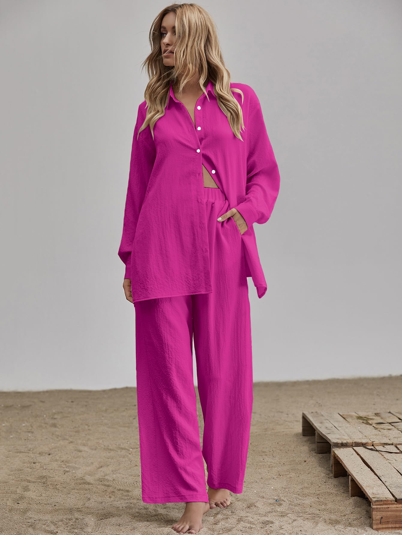 Floerns Women's 2 Piece Outfits Slit Hem Longline Blouse and Wide Leg Pants Set A Hot Pink S