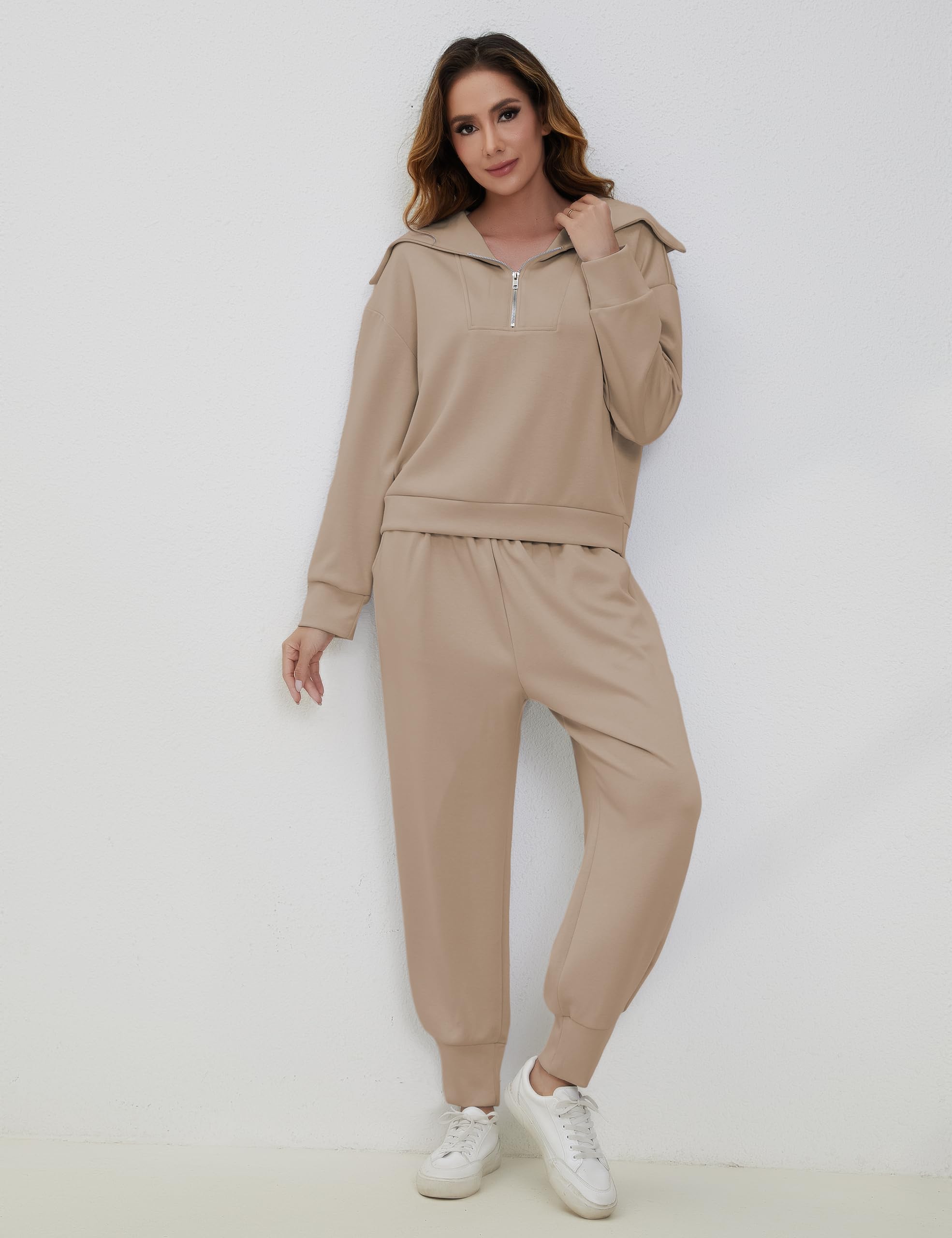 Eutten Womens 2 Piece Sweatsuits Sets Half Zip Long Sleeve Lapel Sweatshirt High Waist Sweatpants Two piece Tracksuits Sets