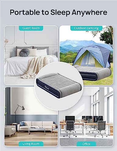 Evajoy Queen Air Mattress with Built-in Pump, Inflatable Air Mattress with Integrated Pillow, Fast Inflation/Deflation, Airbed with Thickened PVC Build, Waterproof Flocking, for Home, Camping, Guests