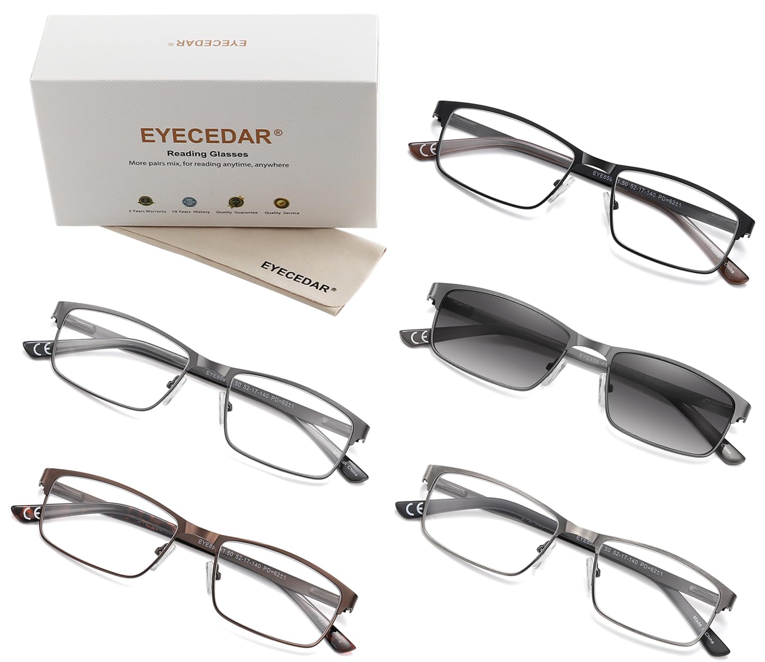 EYECEDAR 5-Pack Reading Glasses for Men Rectangular Metal Readers Eyeglasses Spring Hinges with Sun Readers Glasses Mens Readers 2.5