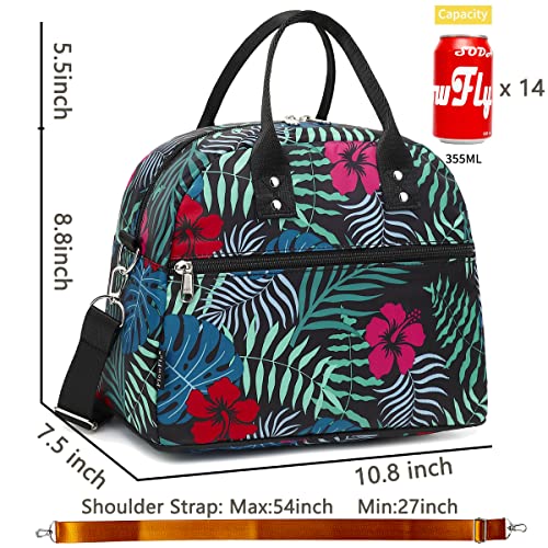 FlowFly Insulated Lunch Bag With Shoulder Strap for Women, Men, and Kids, Large and Reusable, Handle, Freezable Work and School Travel Tote and Meal Prep Organizer,Black#Leaf