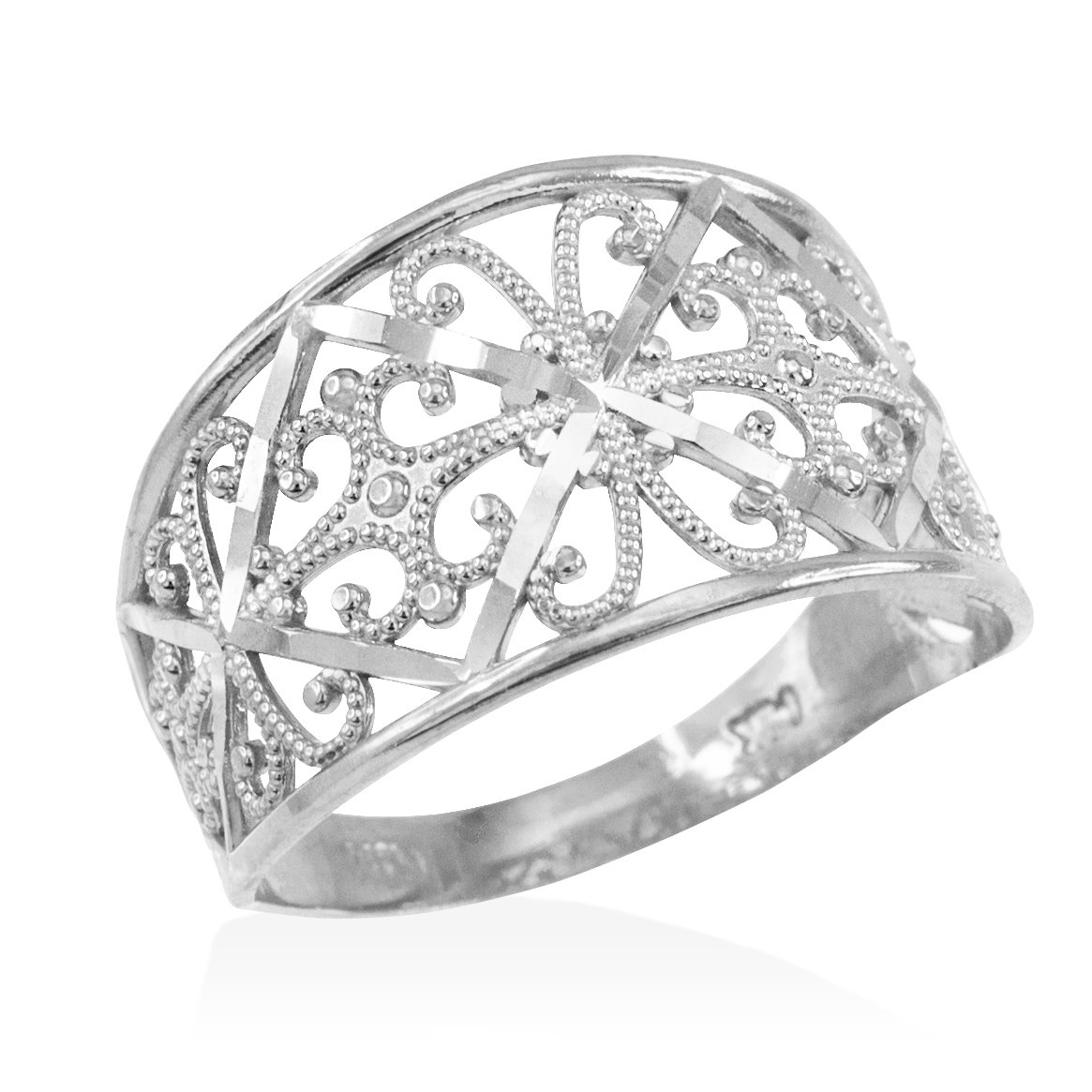 Fine 14k White Gold Milgrain Edge Four Leaf Clover Filigree Cocktail Ring (Size 9)