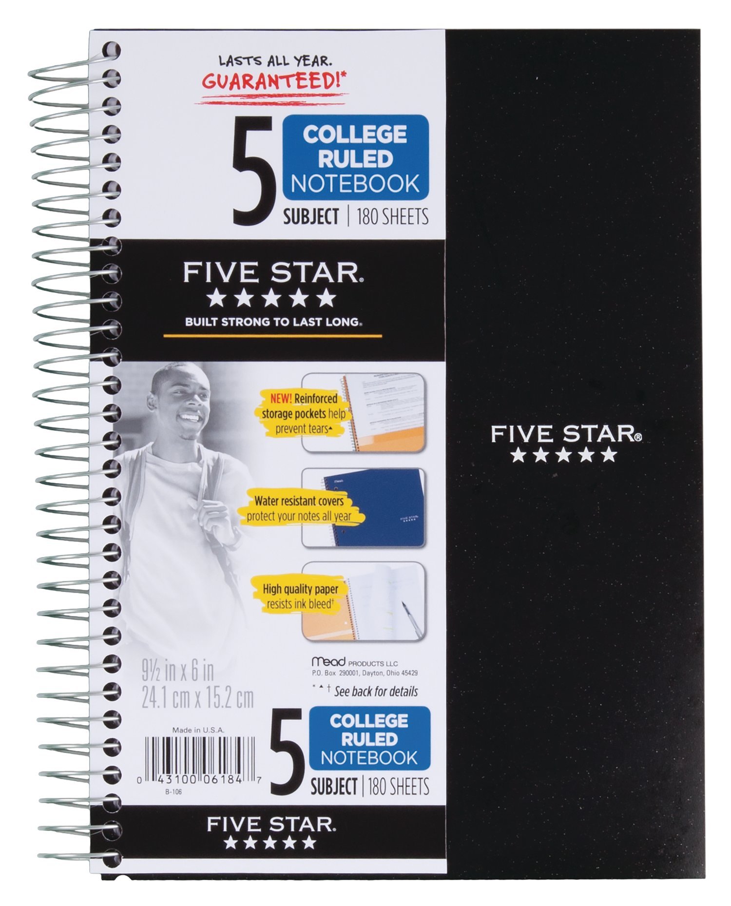 Five Star Spiral Notebook, 5 Subject, College Ruled Paper, 9-1/2" x 6", Black (73655)