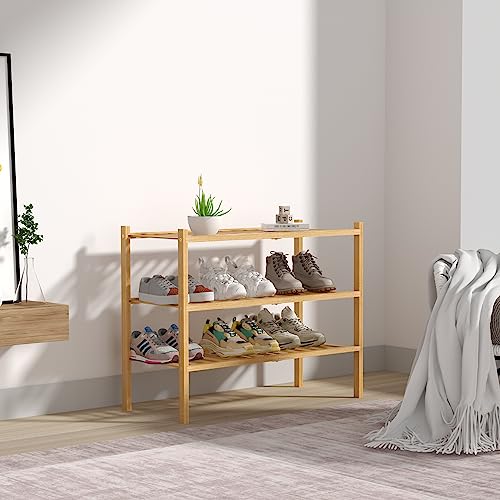 ROMGUAR CRAFT 3 Tier Bamboo Shoe Rack for Closet Free Standing Wood Shoe Shelf for Entryway Small Space Stackable 27"x11"x20" (Natural)