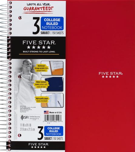 Five Star 06210 Wirebound 3-Subject Notebook, College Rule, 11 x 8 1/2, 150 Sheets, Assorted