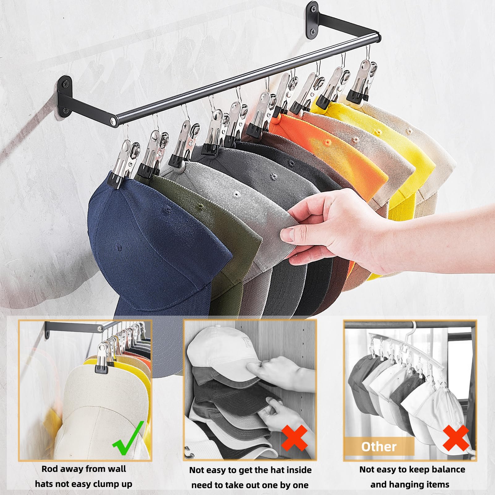 SIMVE Hat Rack for Baseball Caps Organizer with 20 Clips Modern 16.3in Metal Holder Wall Mounted Display Hanger Hanging Storage Accessories Closet Bedroom Door Entryway Organization Set of 2 Black