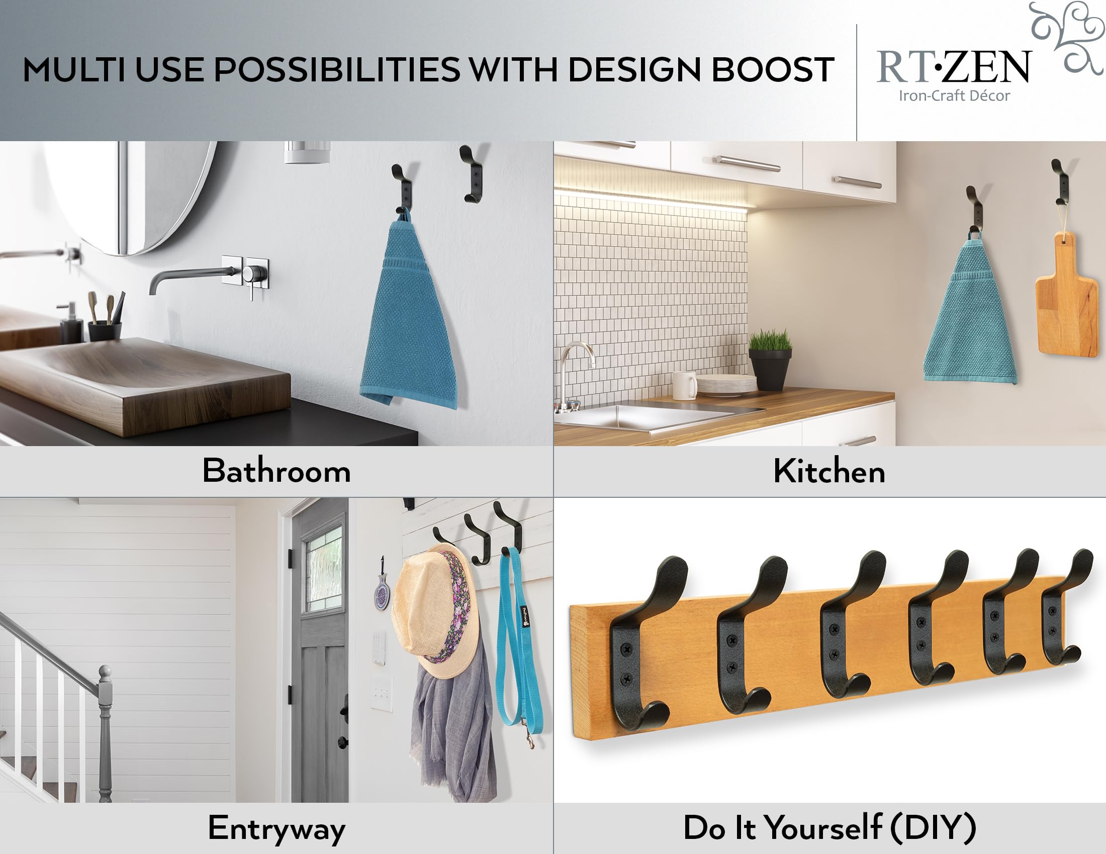 RTZEN Black Wrought Iron Wall Mounted Towel Holders and Coat Hooks Set - Handcrafted Classic Farmhouse Multipurpose Hanging Pieces for Home - Hand Towel Bar, Bath Towel Bar and 3 Pack Double Hooks