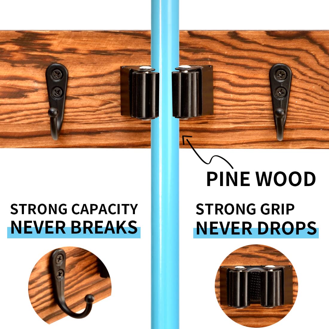 Mop and Broom Holder Wall Mount, Rustic Solid Wood Holder Garden and Kitchen Garage Tool Organizer Wall Hanger for Home Goods (3 Positions with 4 Hooks)