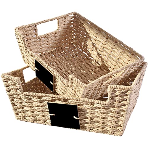 OUTBROS Storage Box Hand-Woven Wicker Storage Baskets, Multipurpose Open-Front Bin, Shelf Nesting Baskets, Desktop Makeup Organizer Container with Built-In Carry Handles, Paper Rope, Natural