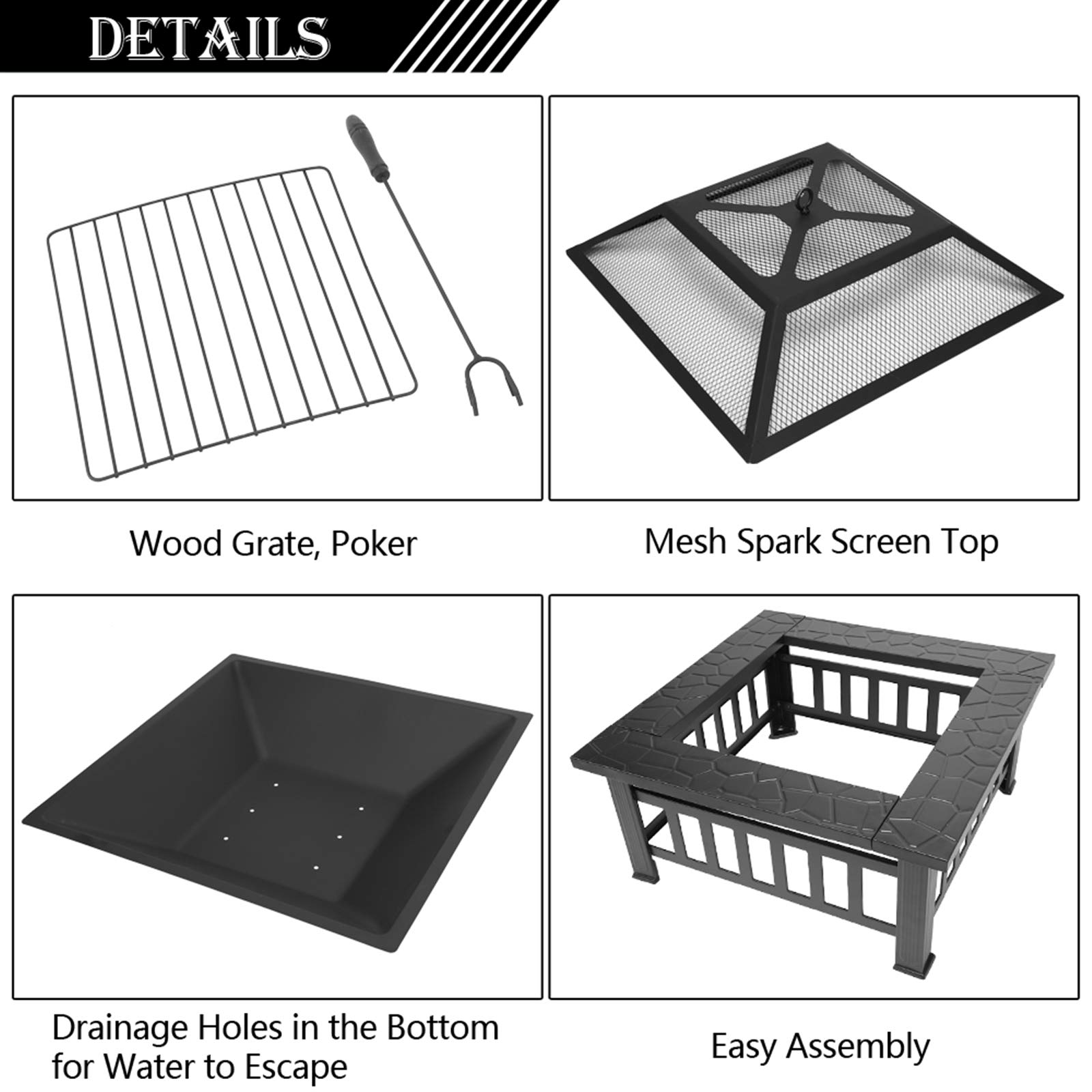 Fire Pit 32'' Wood Burning Firepit Metal Square Outdoor Fire Tables SteelFire Pit Bowl with Spark Screen Cover, Poker Log Grate for Patio Bonfire Camping Backyard Garden Picnic