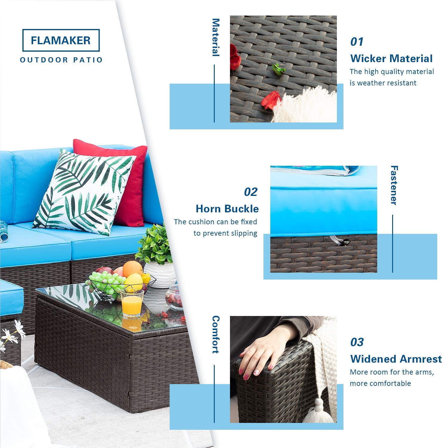 Flamaker 6 Pieces Patio Furniture Set Outdoor Sectional Sofa Outdoor Furniture Set Patio Sofa Set Conversation Set with Cushion and Table (Blue)