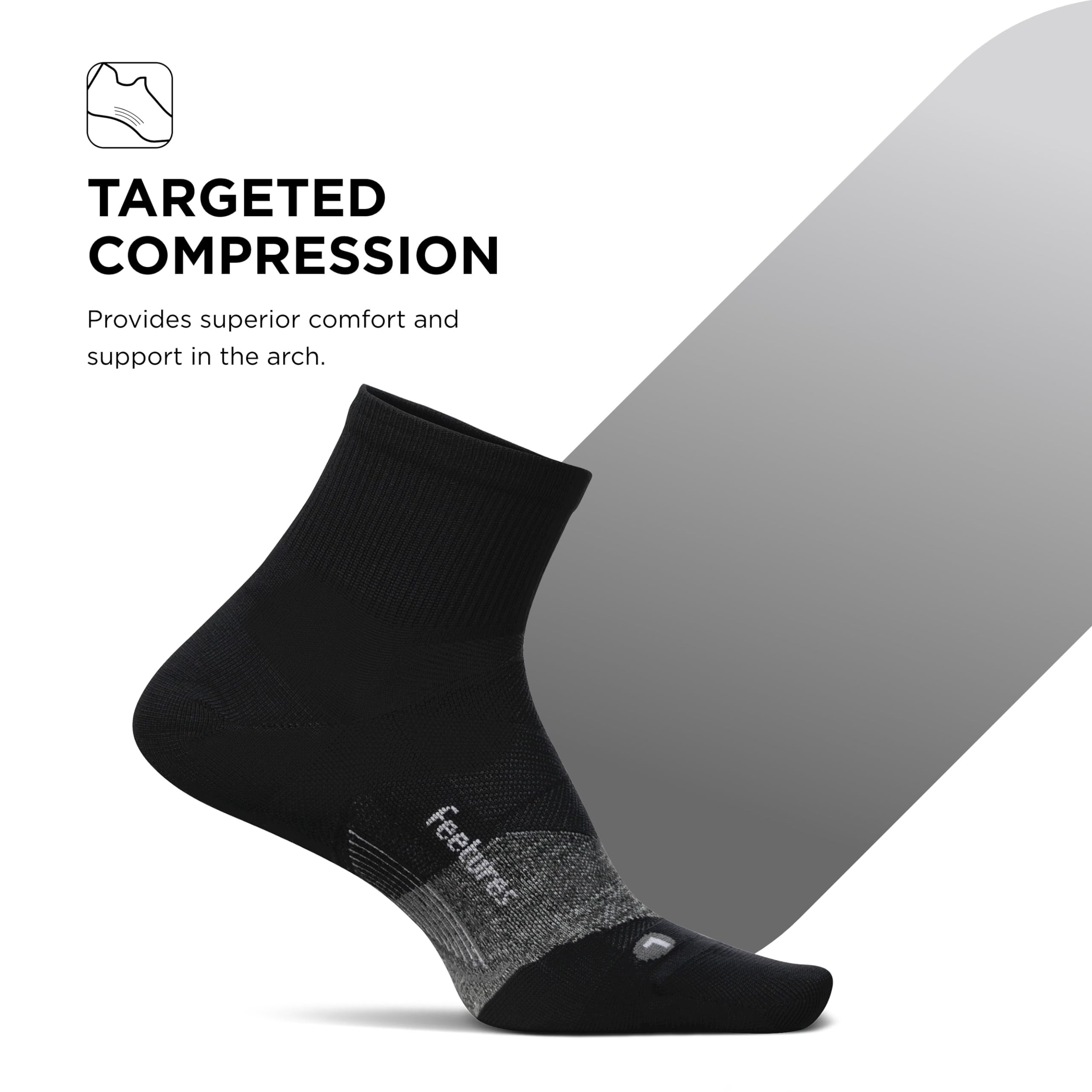 Feetures Elite Light Cushion Quarter Solid - Sport Sock with Targeted Compression - Bust Out Black, M (1 Pair)