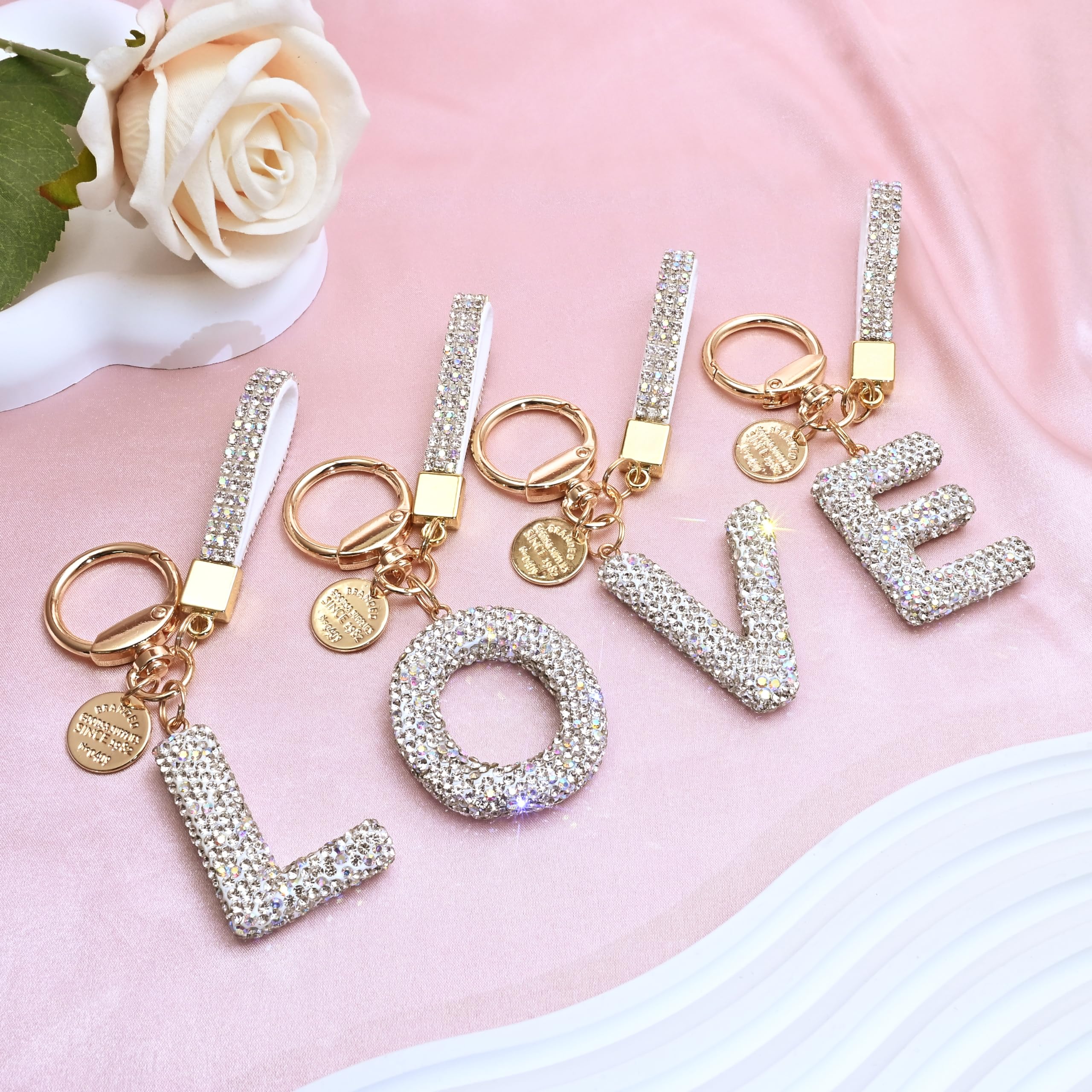 Pink Blue White Initial Letter Keychain Gift for Women Girls Bling Sparkly Cute Backpack Car Key Accessories Lanyard (A-white diamond)